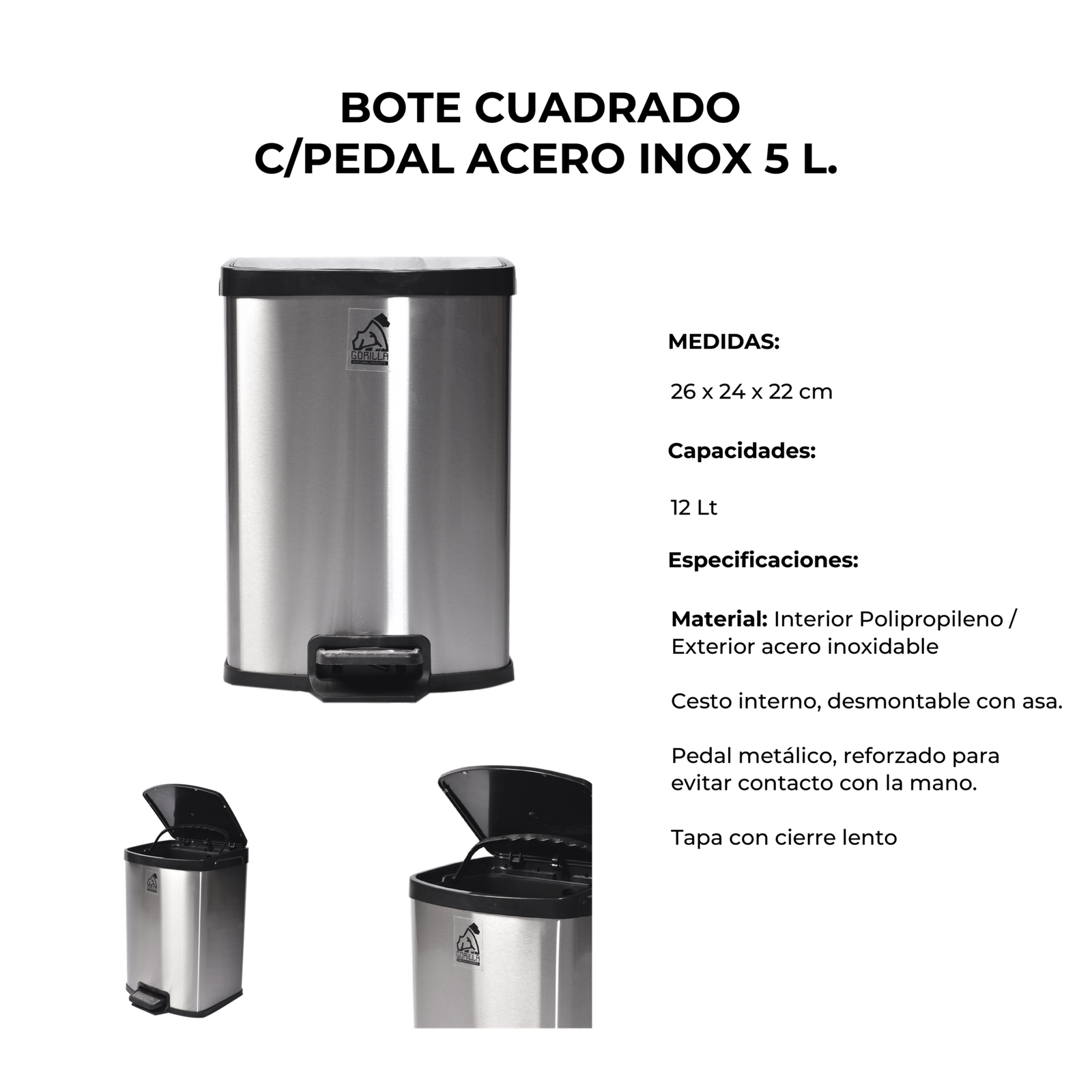 Bote Cuadrado C/Pedal Acero Inox 5L.